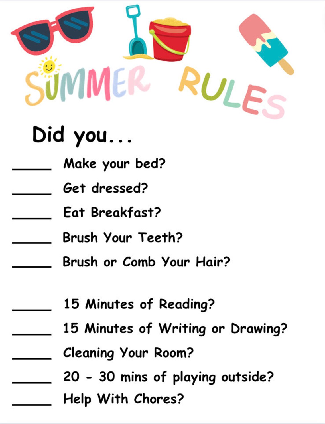Printable Summer Rules and Daily Chart for Kids Summer Checklist Daily ...