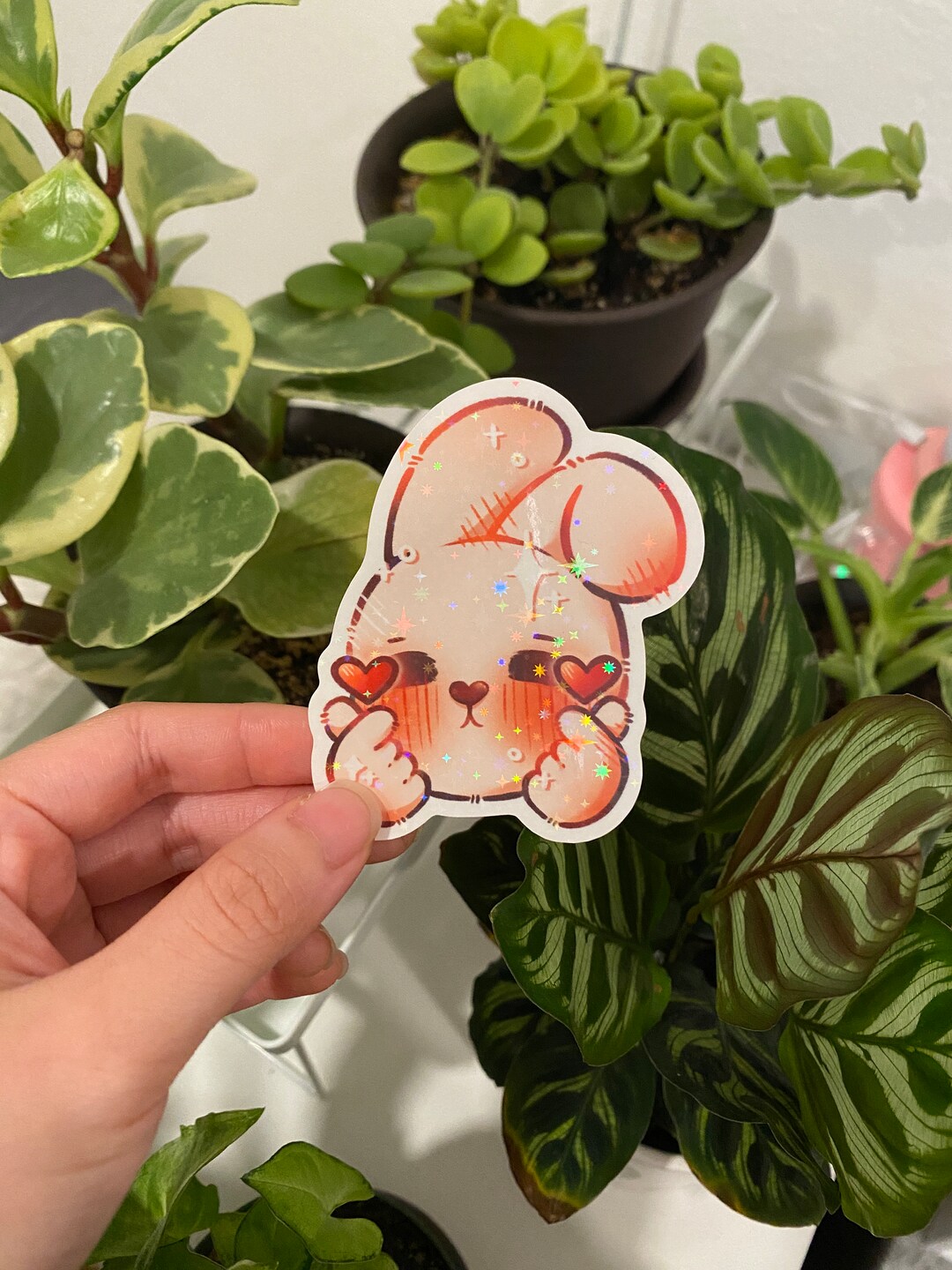 Cute Bunny Finger Heart Sticker Sparkly Holographic, Laptop Sticker ...