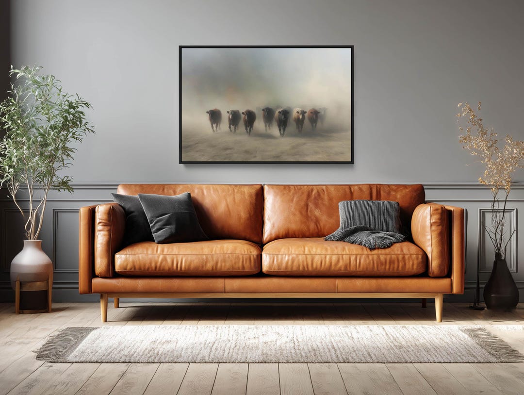 Western Landscape Painting: Farmhouse Framed Wall Art | Cattle Stampede ...