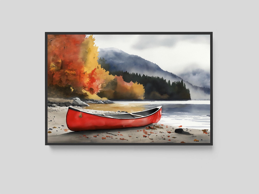Framed Artwork - Red Canoe Print, Lake House Decor, Canoe Wall Decor ...