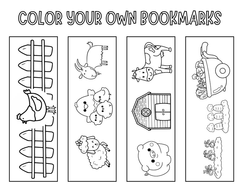 Farm Animal Bookmark Set, Printable Coloring Sheet for Kids, Baby ...