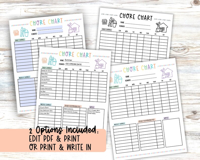 Weekly Chore Chart & Daily Tasks Editable Responsibilities List for ...