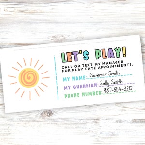 Play Date Contact Card for Kids to Hand Out at School or Day Care ...
