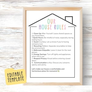 Editable House Rules Chart for Kid and Families Household - Etsy