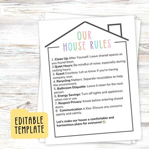 Editable House Rules Chart for Kid and Families Household - Etsy Australia