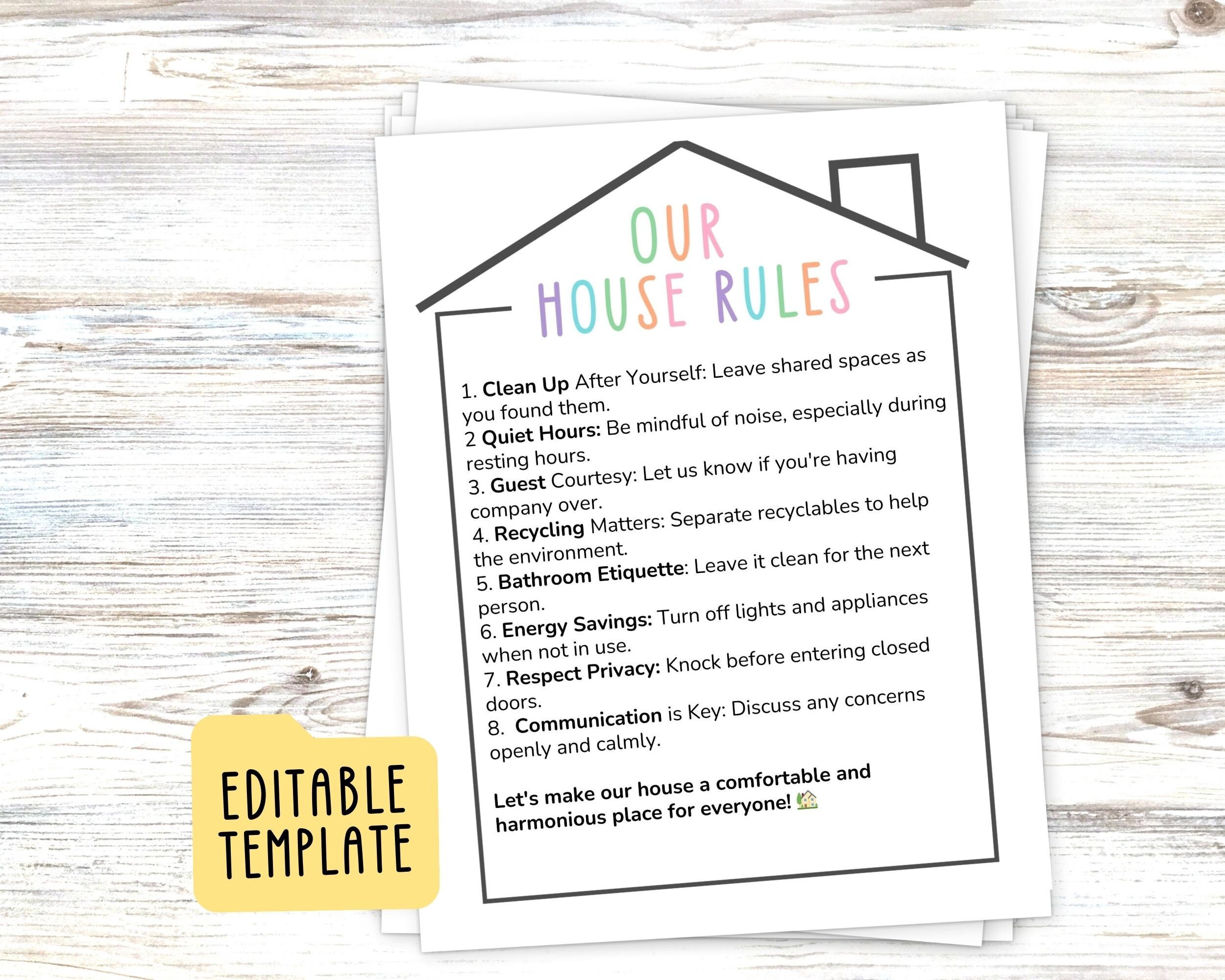 Editable House Rules Chart for Kid and Families Household - Etsy Australia