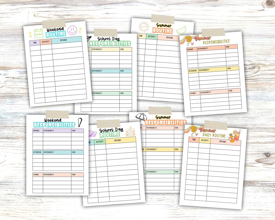 Responsibility Chart for Kids Daily Schedule Editable Template, 4 ...