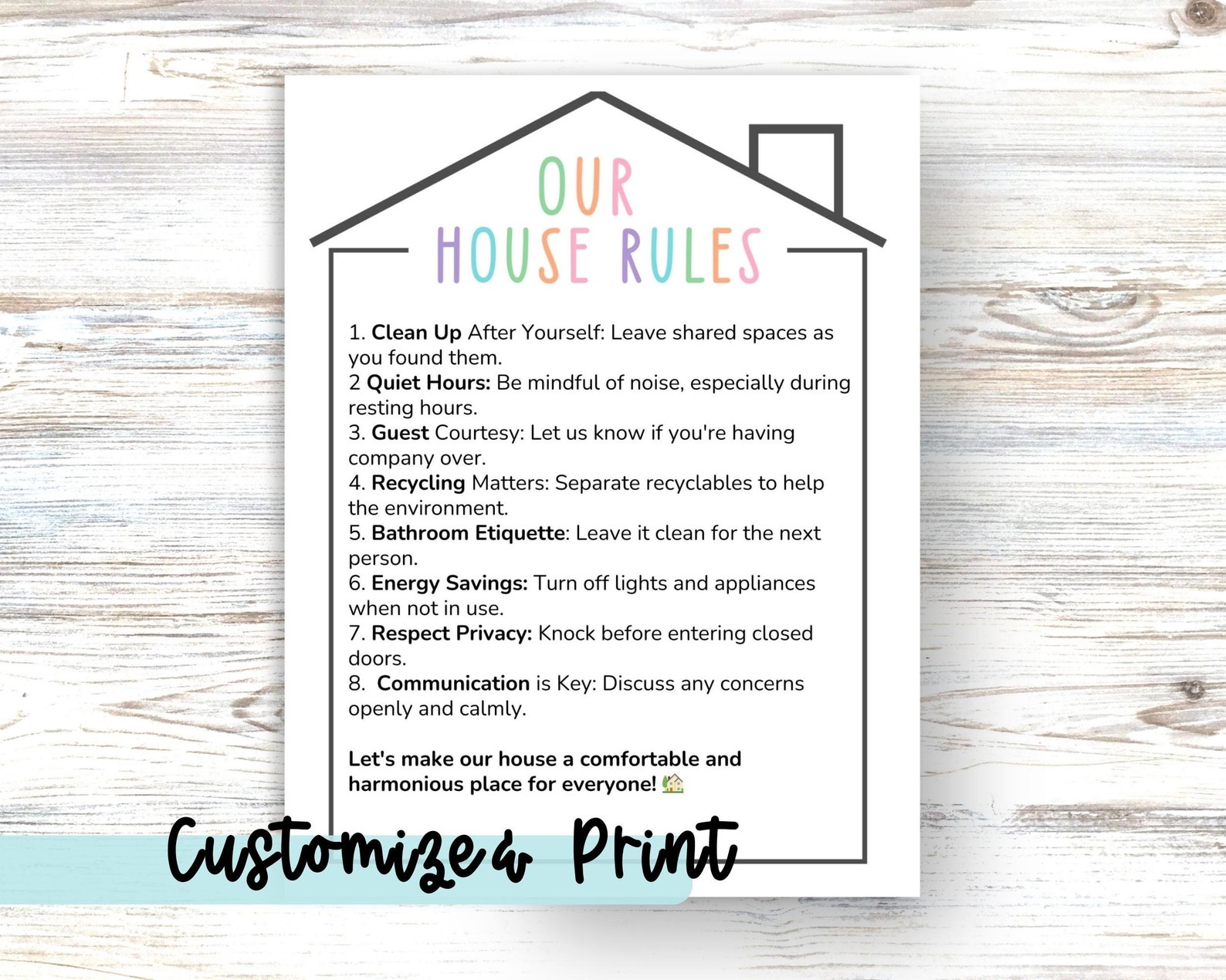 Editable House Rules Chart for Kids and Families, Household Rules Chart ...