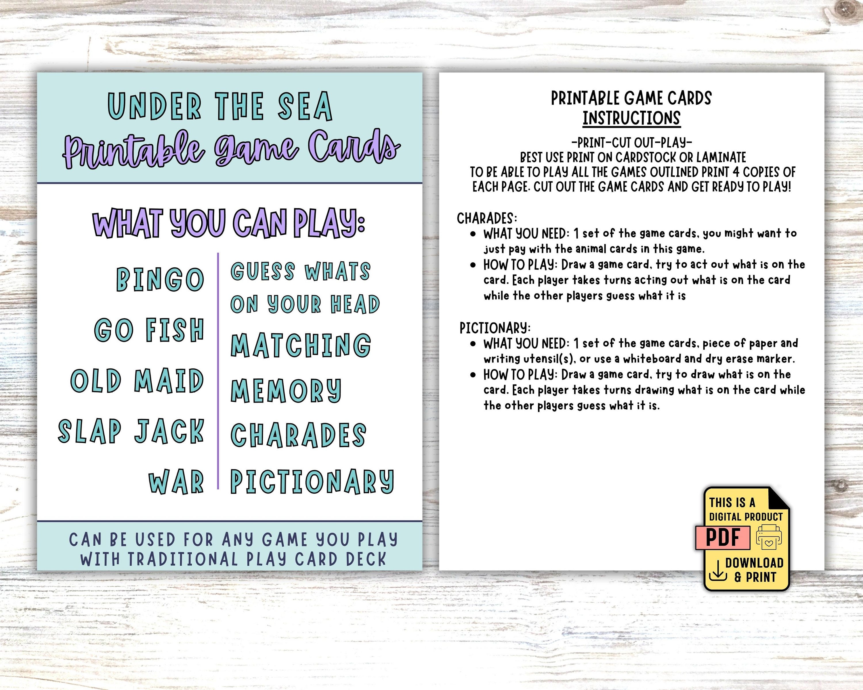 Bingo Game & Playing Card Deck Bundle, Printable Under the Sea ...