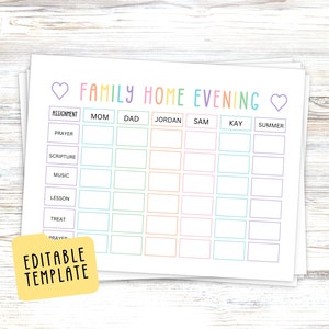 Editable Template Family Home Evening Chart Participation Assignments ...