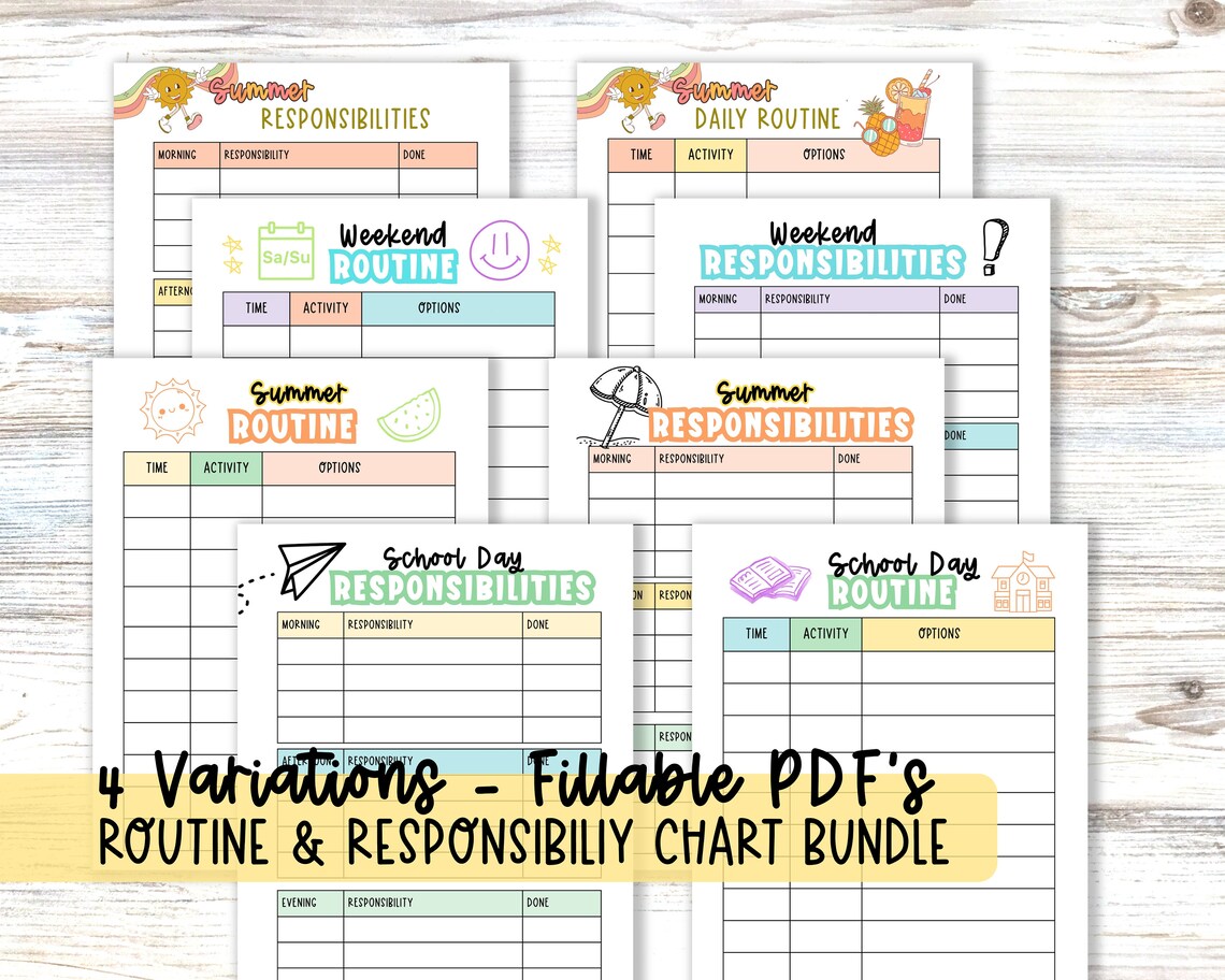 Responsibility Chart for Kids Daily Schedule Editable Template, 4 ...