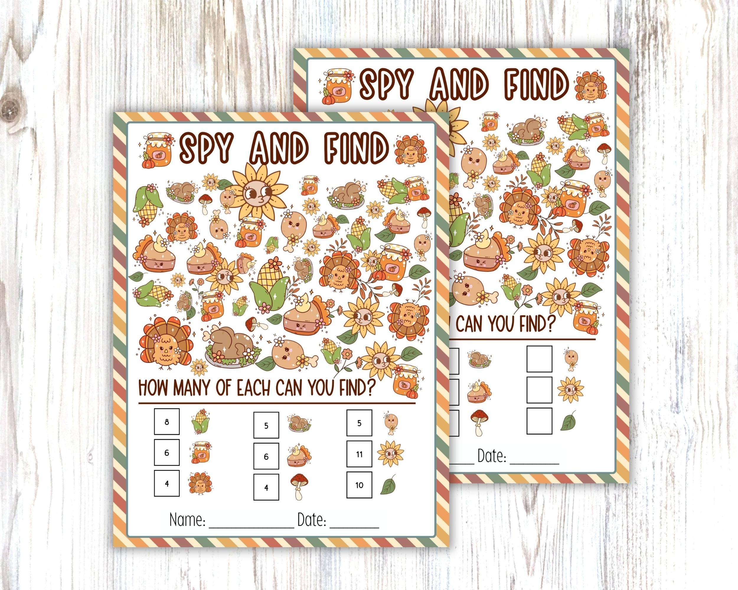 I Spy Game for Kids, Printable Thanksgiving Worksheet, Holiday Party ...