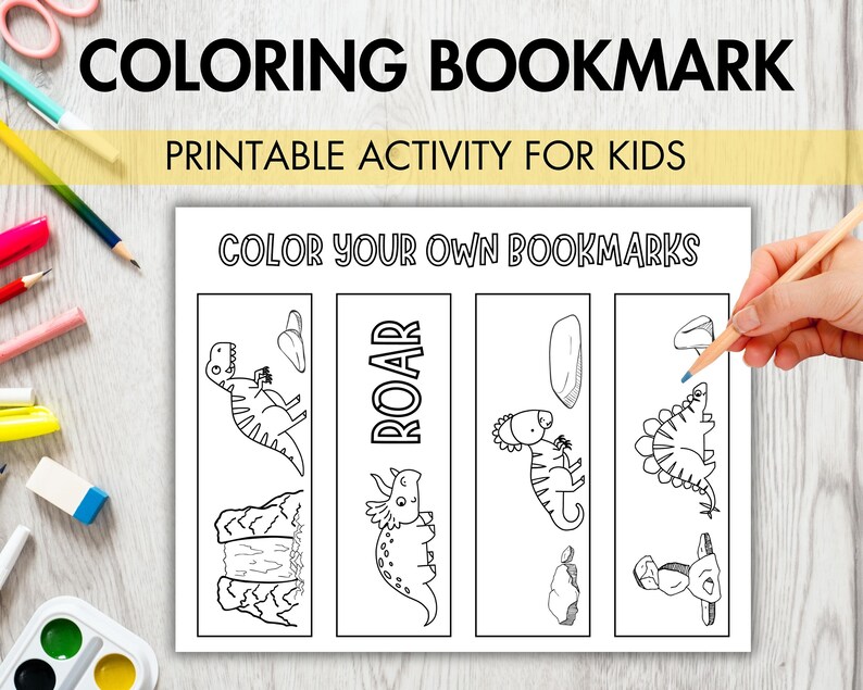 Dinosaur Bookmark Set, Printable Coloring Sheet for Kid, Reading ...