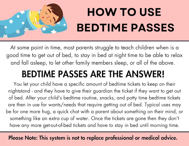 Bedtime Pass for Sleep Training Toddlers Printable Get Out of Bed ...