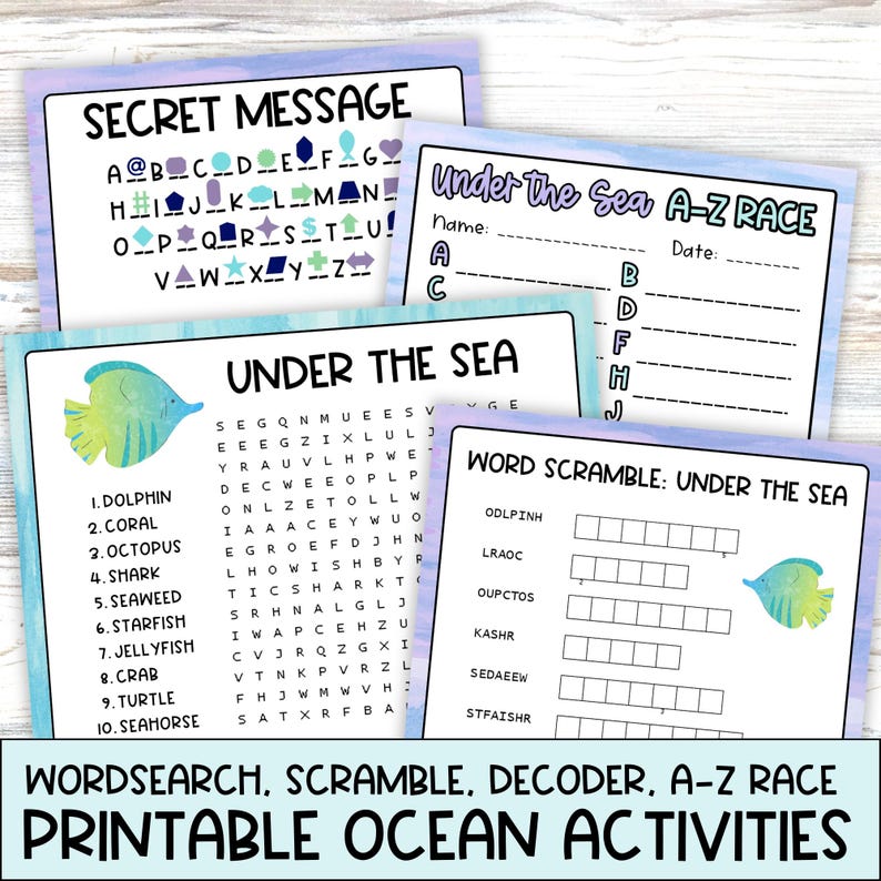 Sea Creatures Printable Activities, Word Search & Scramble, A-Z Race ...