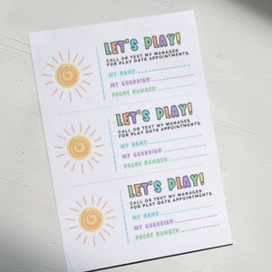 Play Date Contact Card for Kids to Hand Out at School or Day Care ...