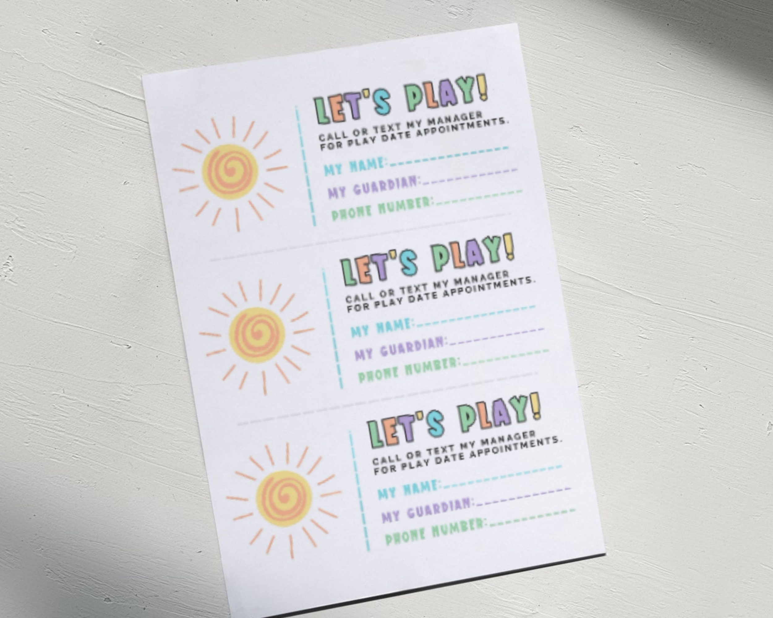 Play Date Contact Card for Kids to Hand Out at School or Day Care ...
