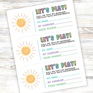 Play Date Contact Card for Kids to Hand Out at School or Day Care ...