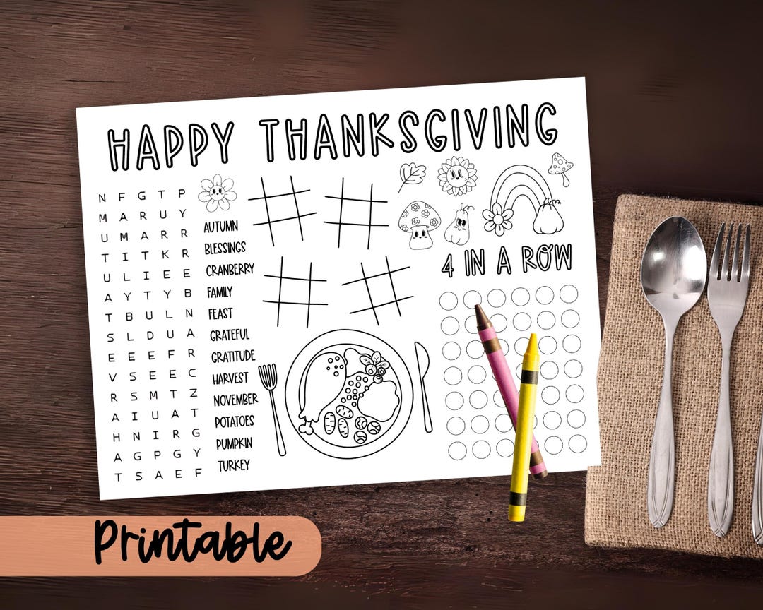Thanksgiving Activity Placemat for Kids, Word Search Find, Tic Tac Toe ...