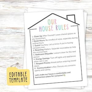 Editable House Rules Chart for Kids and Families Household - Etsy