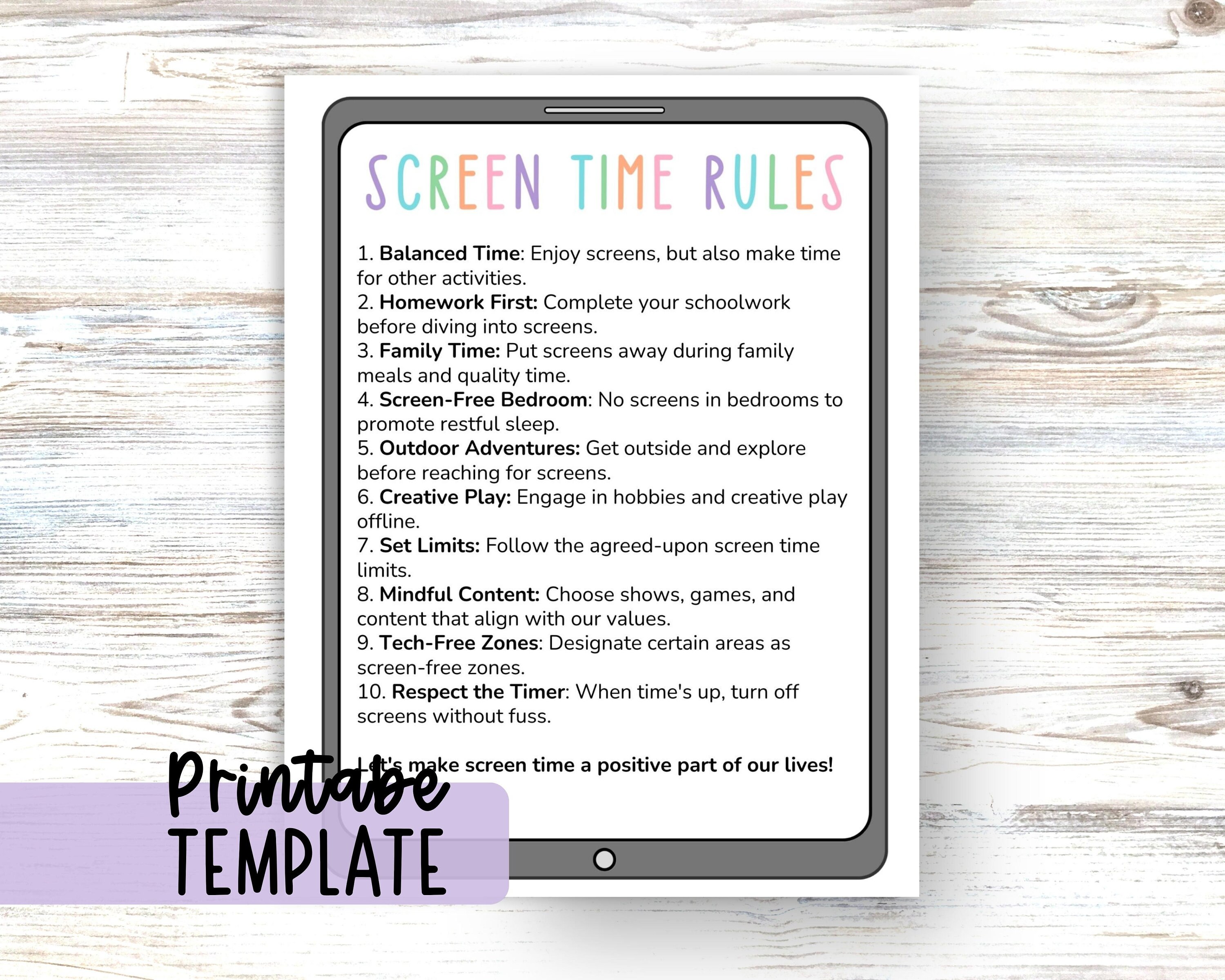 Screen Time Rules Editable Template, Screen Safety Rules Families and ...