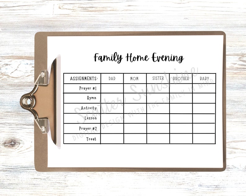 Printable Family Home Evening Chart Participation Assignments Editable ...