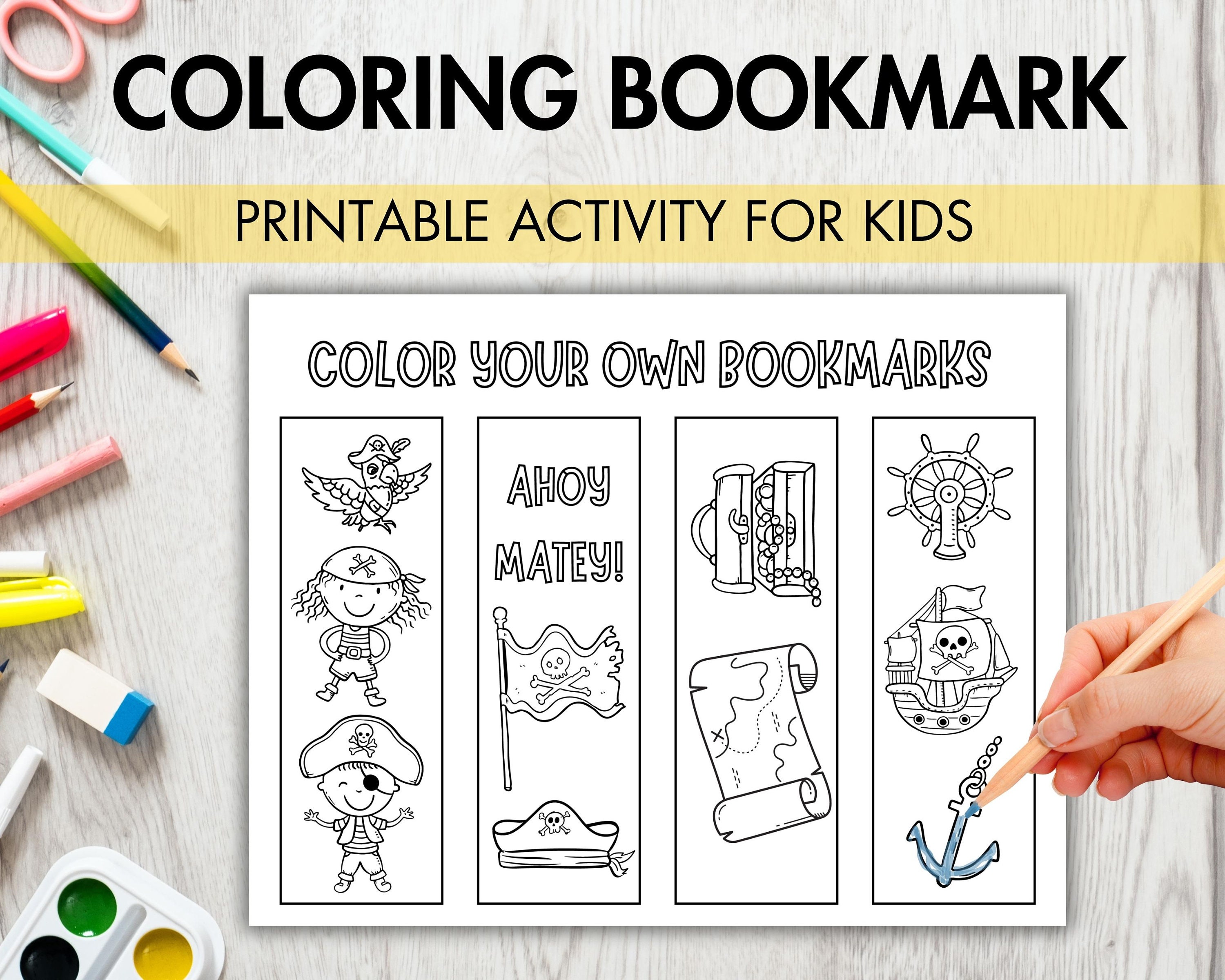 Pirate Bookmark Set, Out to Sea Coloring Page, DIY Birthday Party Favor ...