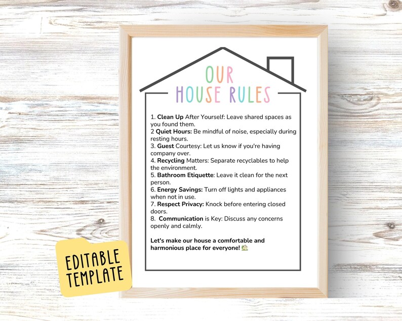 Editable House Rules Chart for Kids and Families Household - Etsy Australia