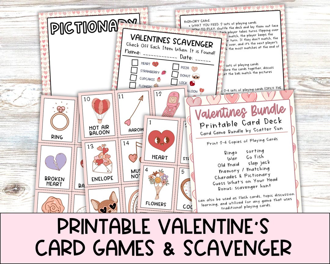 Valentines Day Card Game Bundle & Scavenger Hunt, Traditional Playing ...