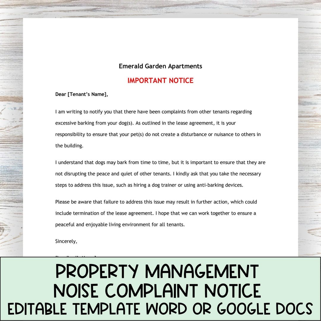 Noise Complaint Rules Enforcement Notice Editable Template, Tenant Lease Violation Warning ...