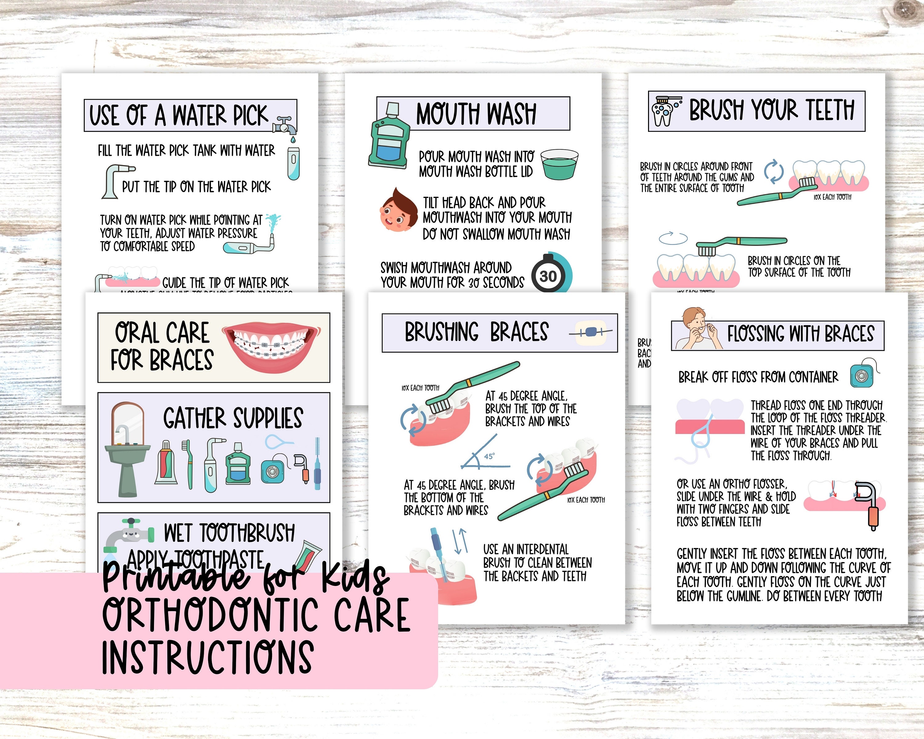 Brushing Teeth Posters Printable Oral Care Instruction, Steps Guide ...