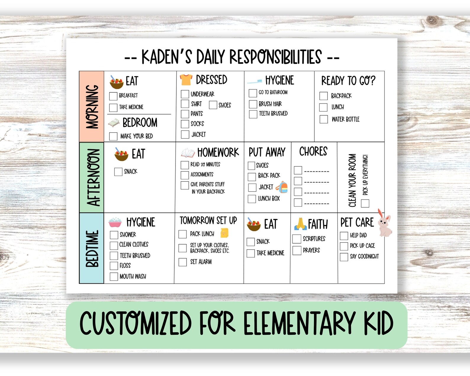 Customizable Daily Responsibility Chart With Pictures After School ...