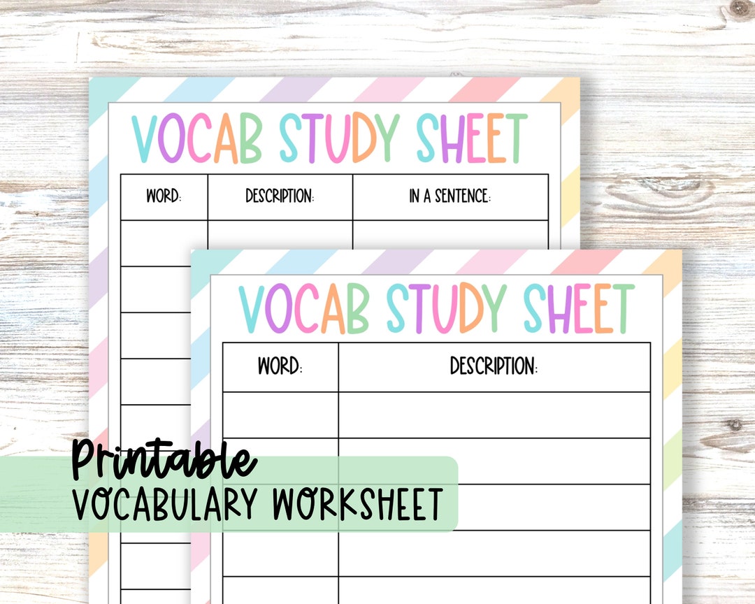 Vocabulary Practice Worksheet, Word and Description, Write in Sentence ...