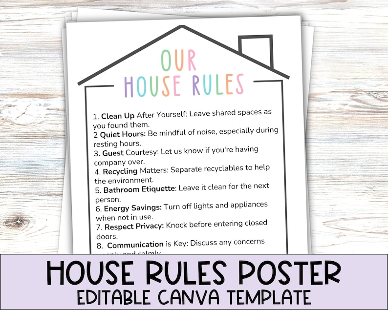 Editable House Rules Chart for Kids and Families, Household Rules Chart ...