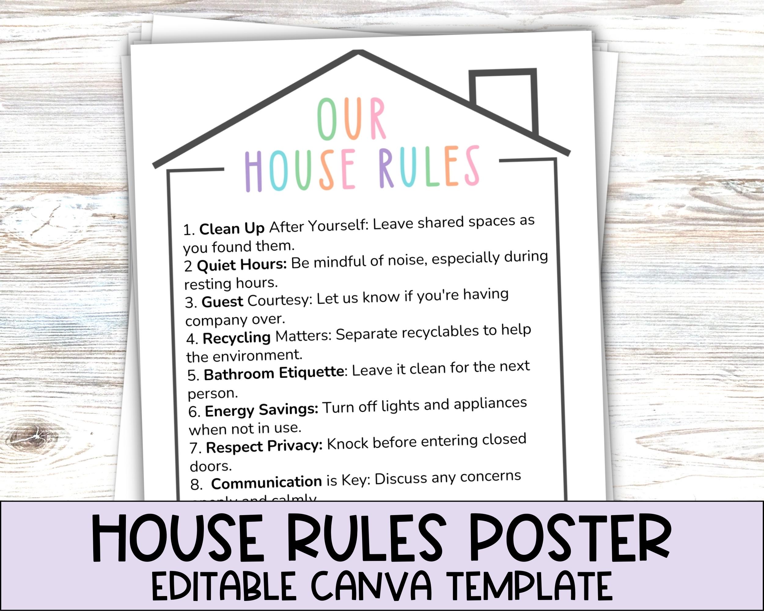 Editable House Rules Chart for Kids and Families, Household Rules Chart ...