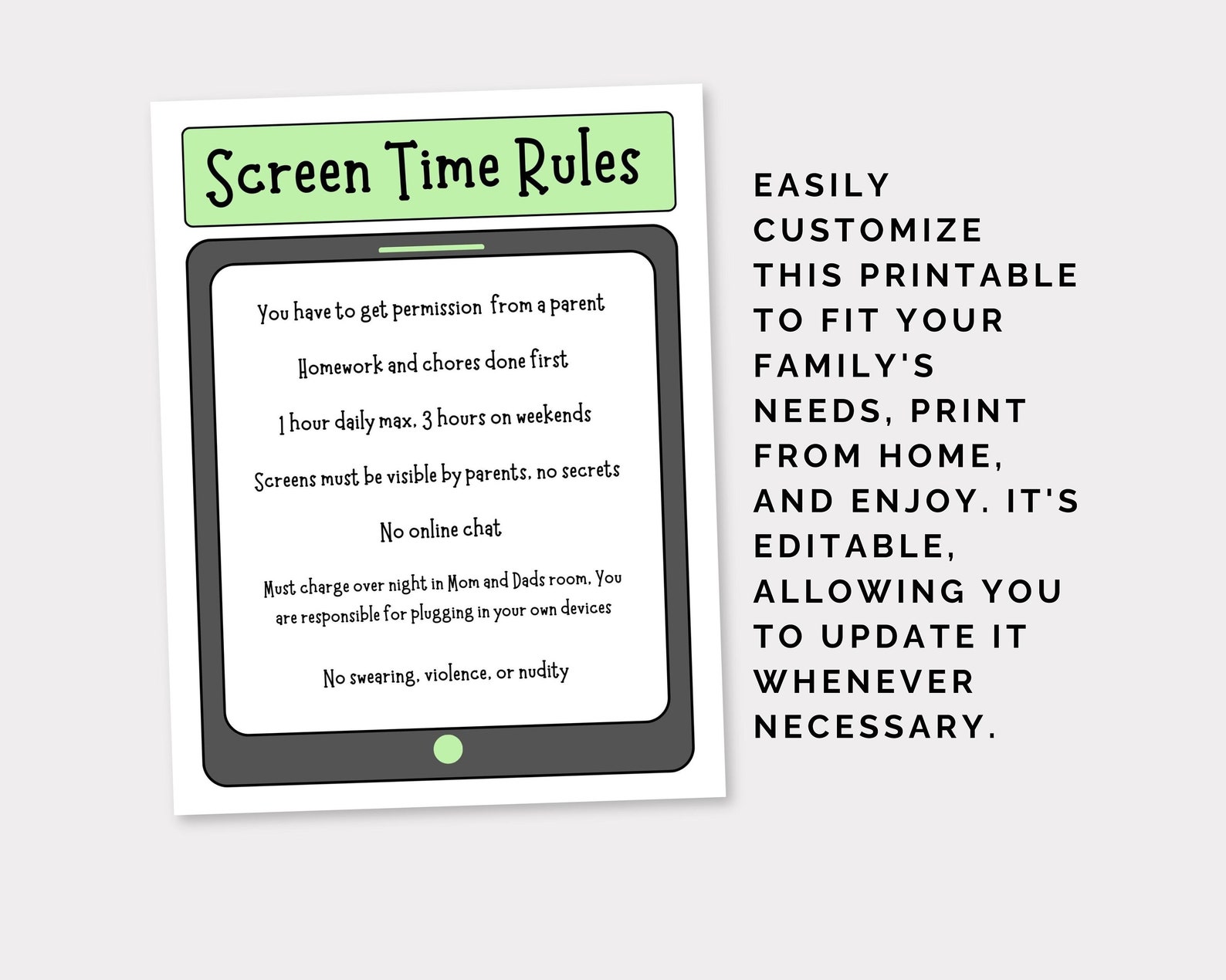 Screen Time Rules Editable Template, Screen Safety Rules Families and ...