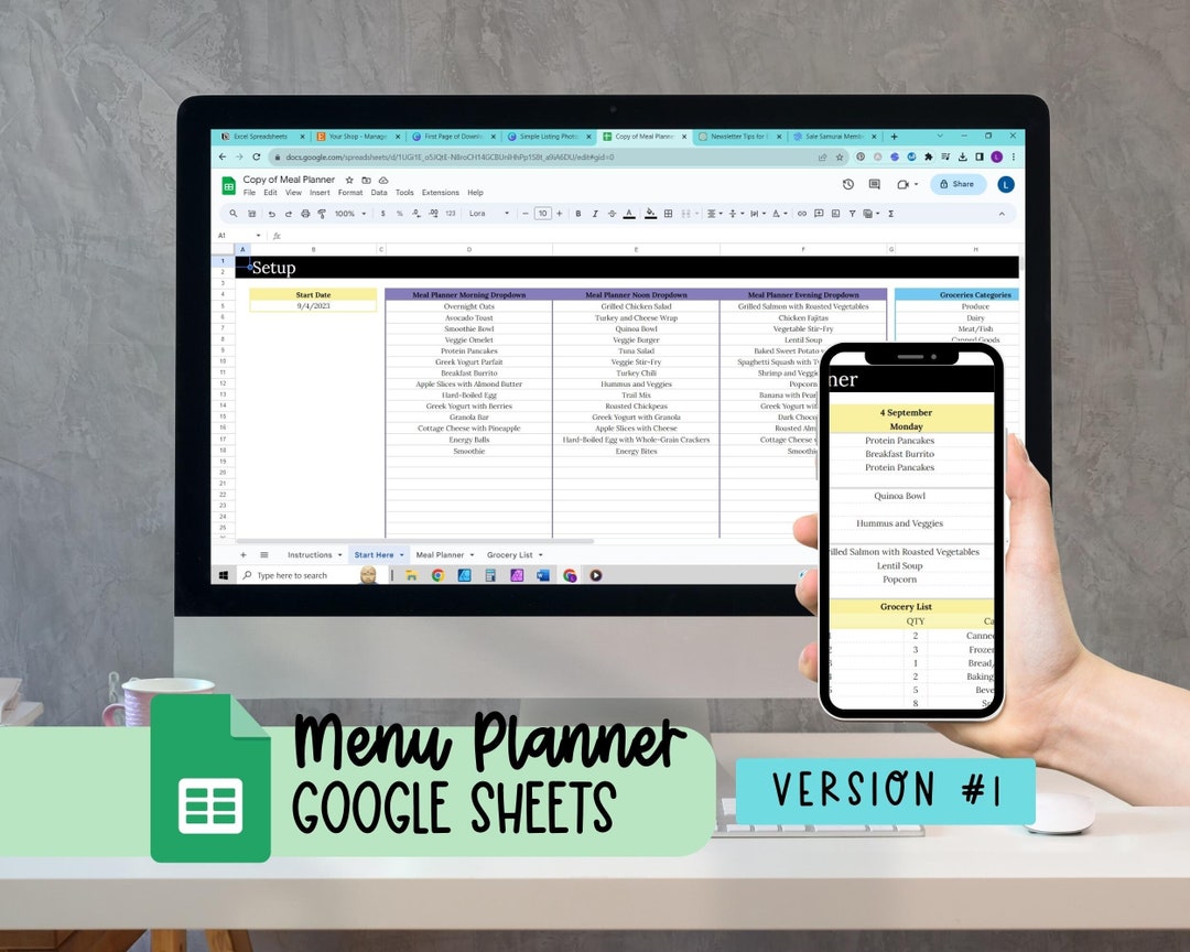 Menu Planner Google Sheets Grocery Shopping List / Two Versions Meal ...