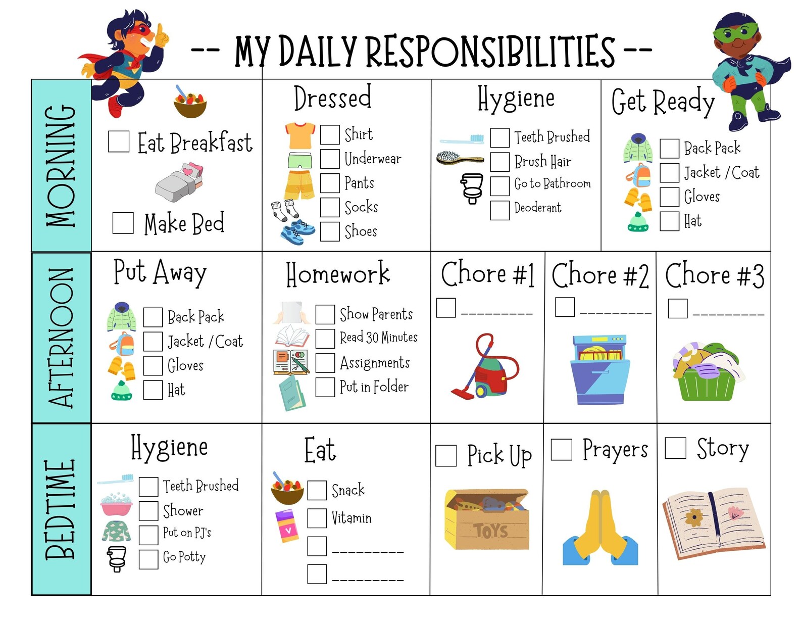 Customizable Daily Responsibility Chart With Pictures After School ...