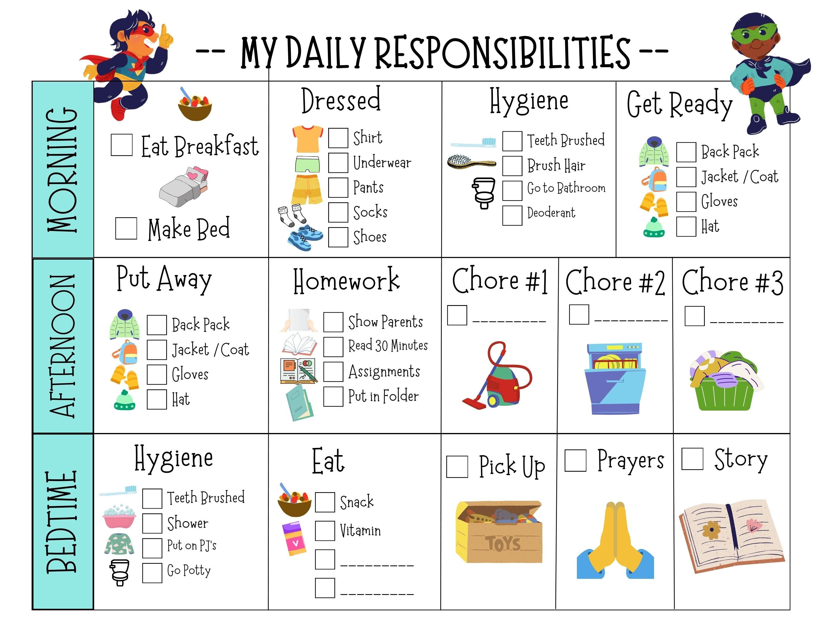 Customizable Daily Responsibility Chart With Pictures After School ...
