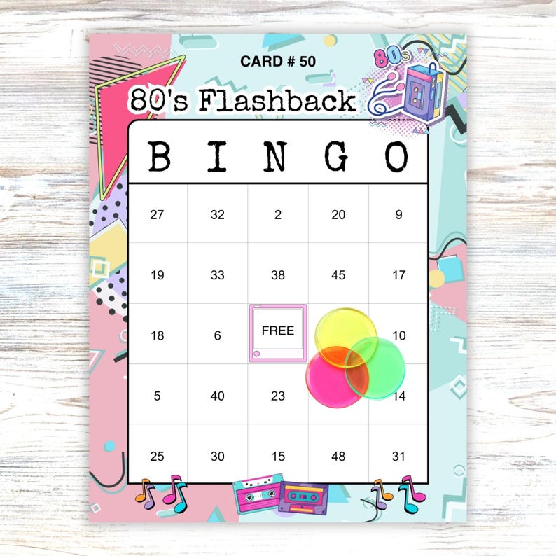 80's Flashback Bingo, Include Number Calling Cards, Bingo Bucks, Markers, and 50 Retro Themed ...