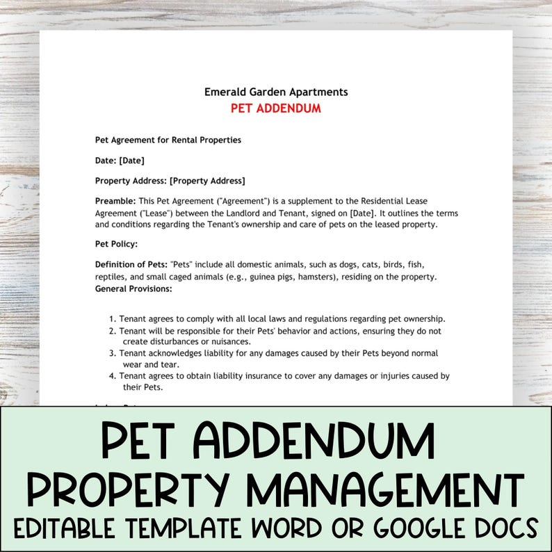 Pet Addendum for Rental Lease Agreement, Landlord Template, Property ...
