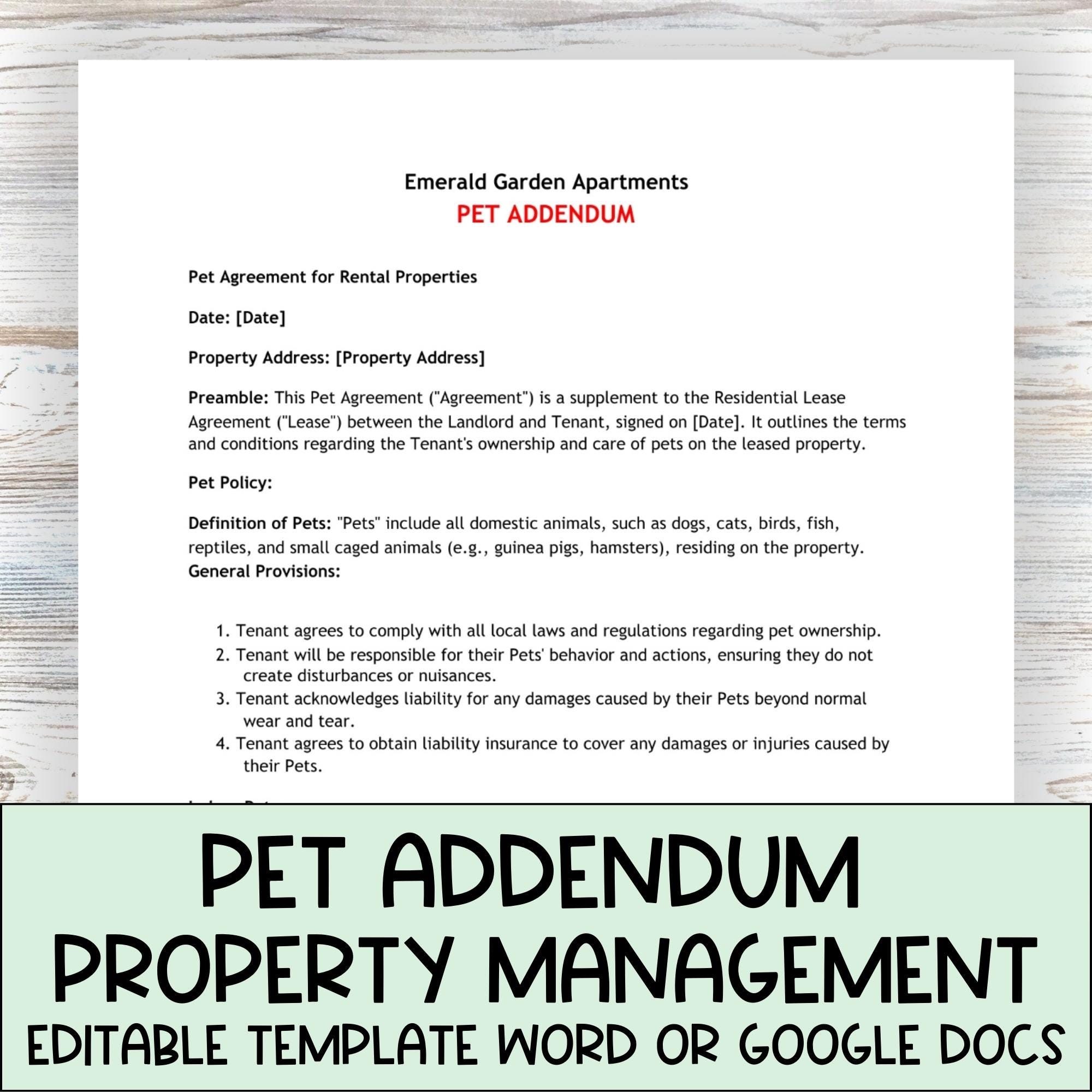 Pet Addendum for Rental Lease Agreement, Landlord Template, Property ...