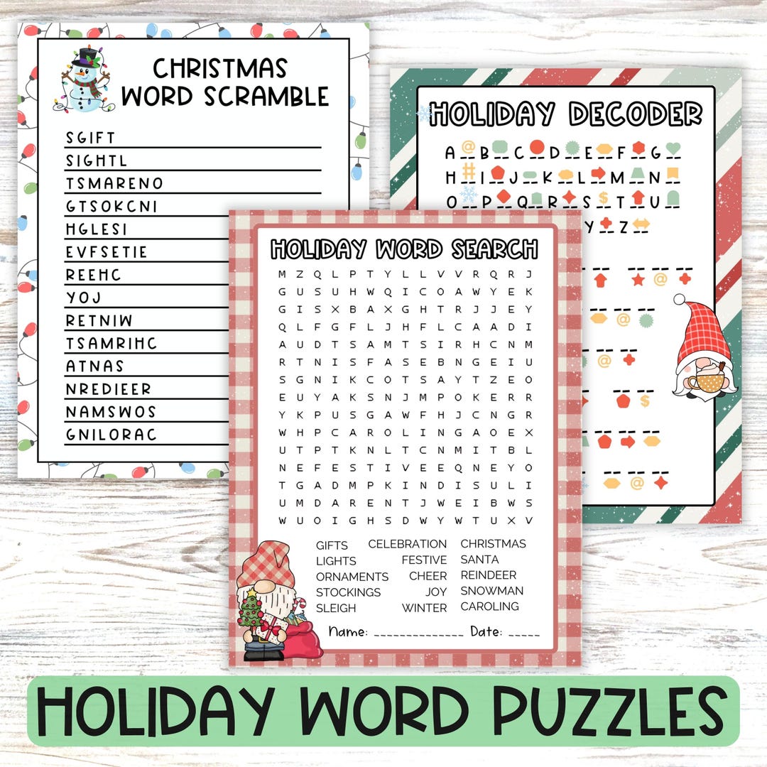 Christmas Word Game Puzzle Printable Worksheet Bundle, Holiday Word ...