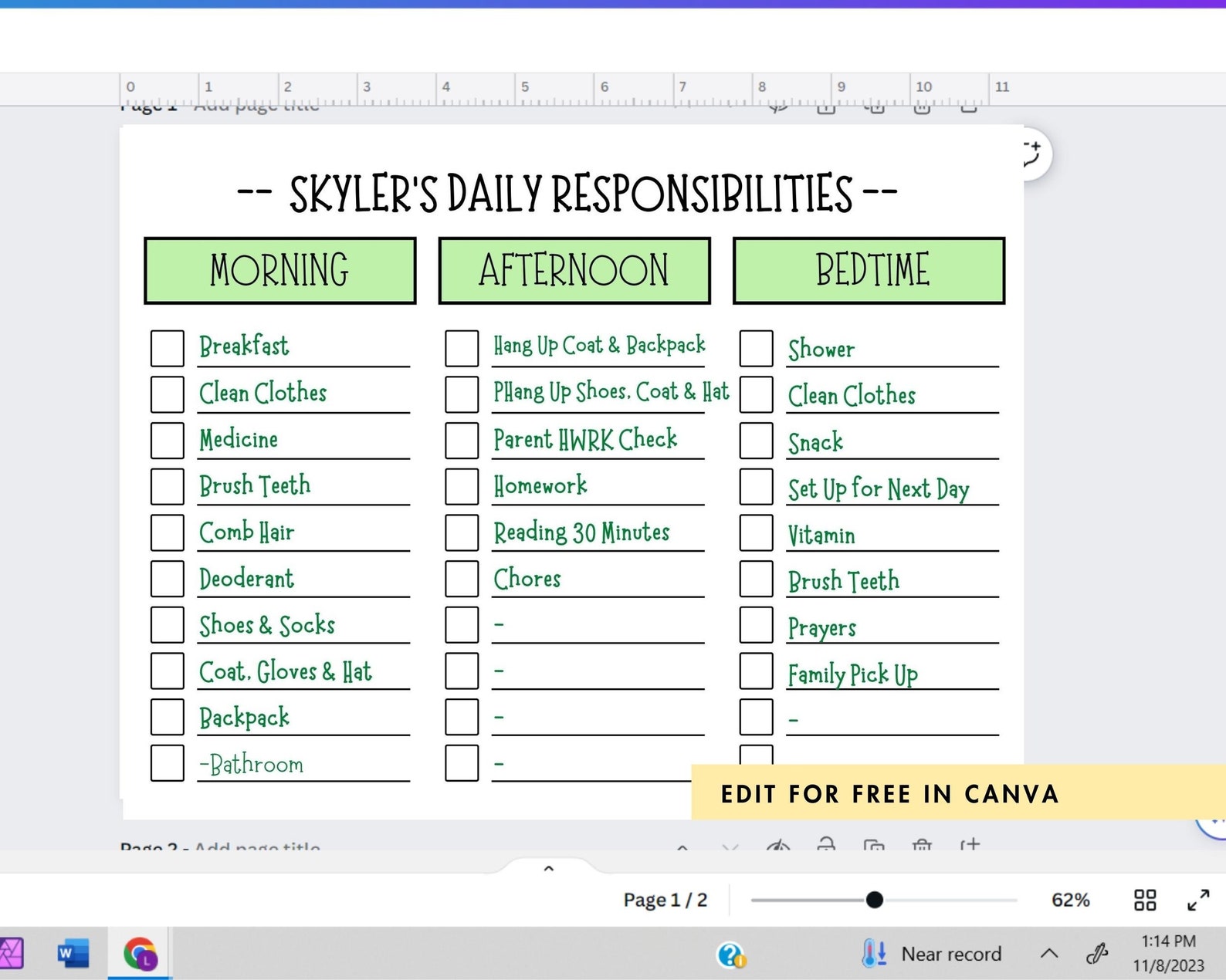 Daily Routine Checklist, Editable or Printable Chore Chart ...