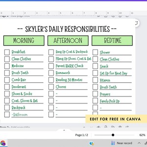 Daily Routine Checklist, Editable or Printable Chore Chart ...