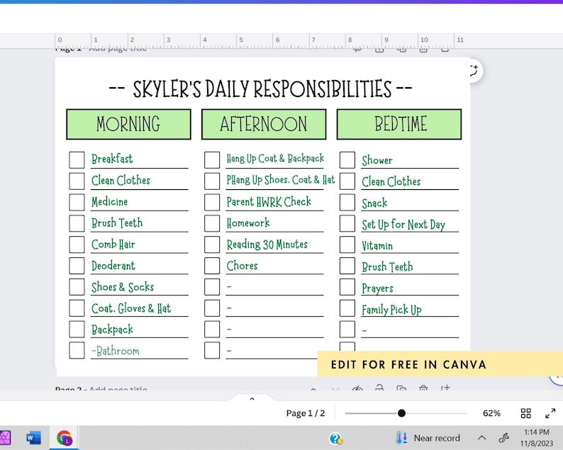 Daily Responsibility Checklist, Printable Chore Chart, Morning Routine ...