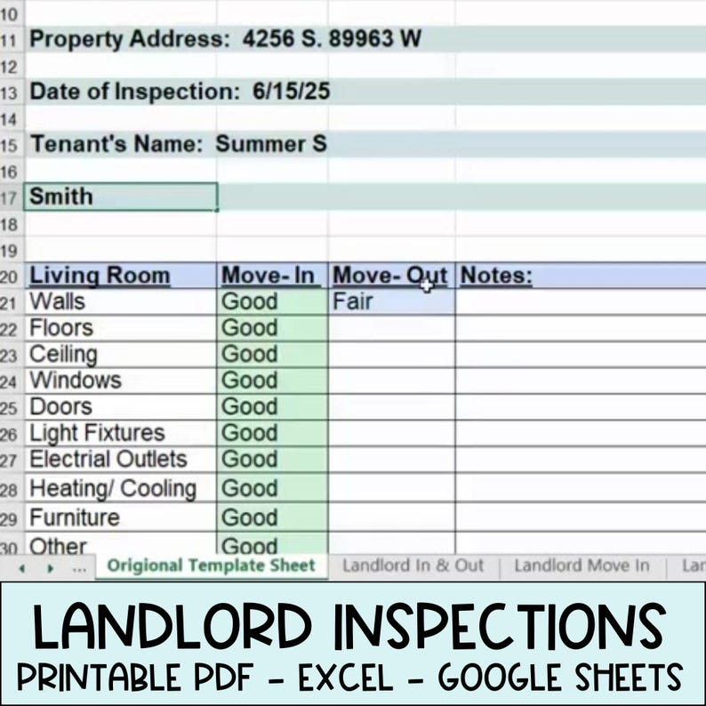 Inspections Spreadsheet Checklist Template for Landlord, Tenant ...