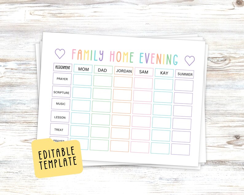 Printable Family Home Evening Chart Participation Assignments Editable ...