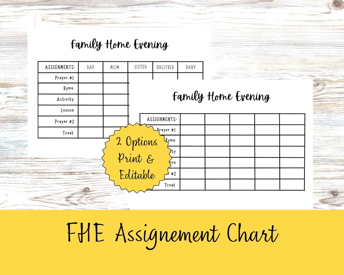 Printable Family Home Evening Chart Participation Assignments Editable ...