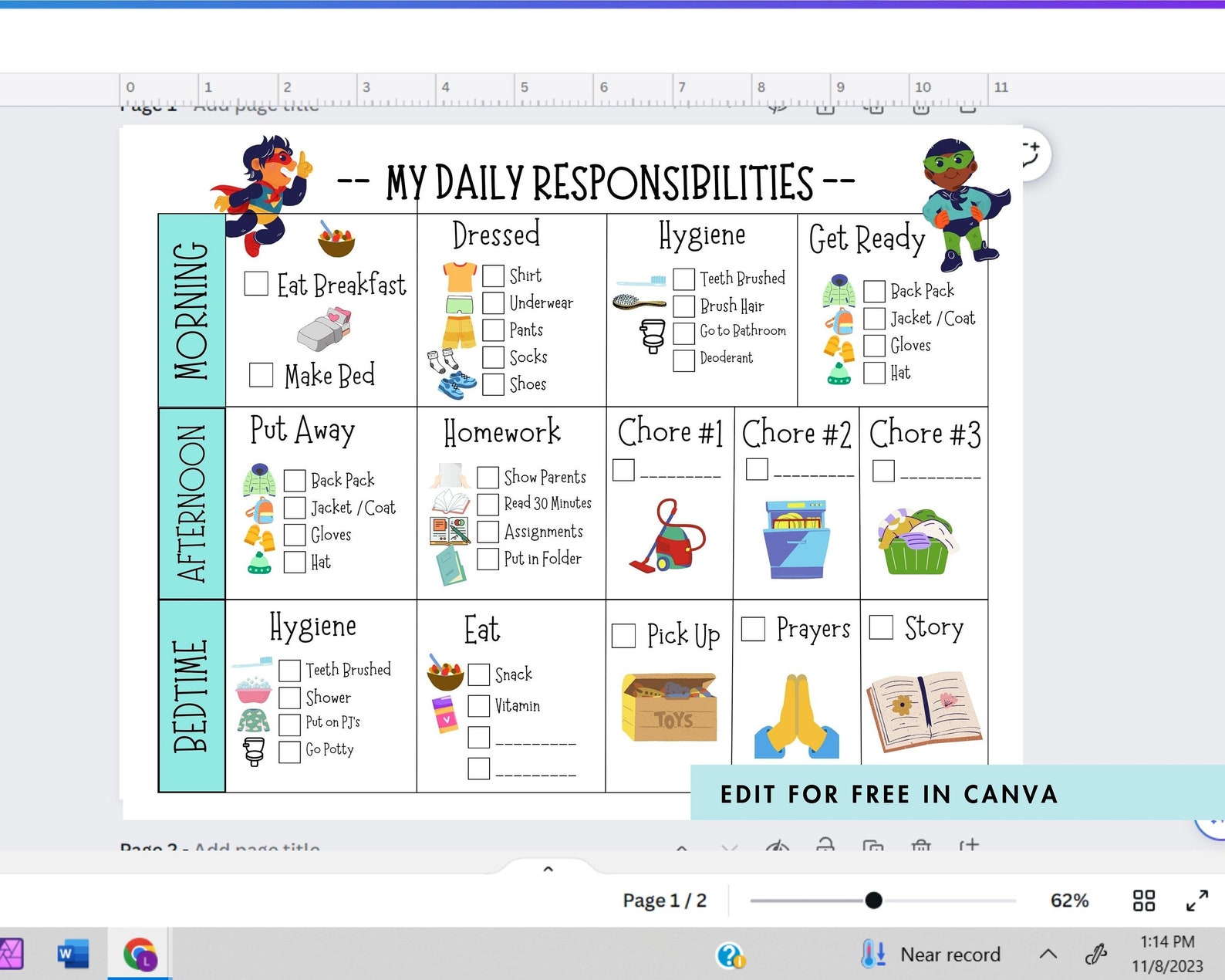 Customizable Daily Responsibility Chart With Pictures After School ...
